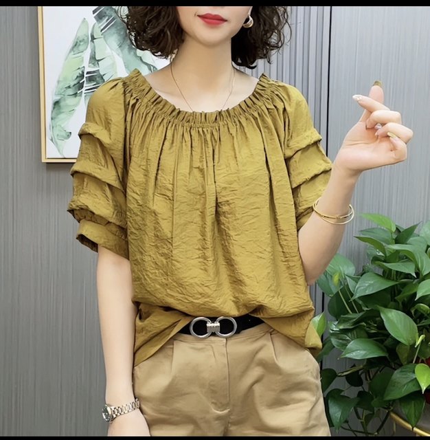 Tik Tok One-Shoulder Puff Sleeve Pleated Chiffon Shirt Women's Summer ...