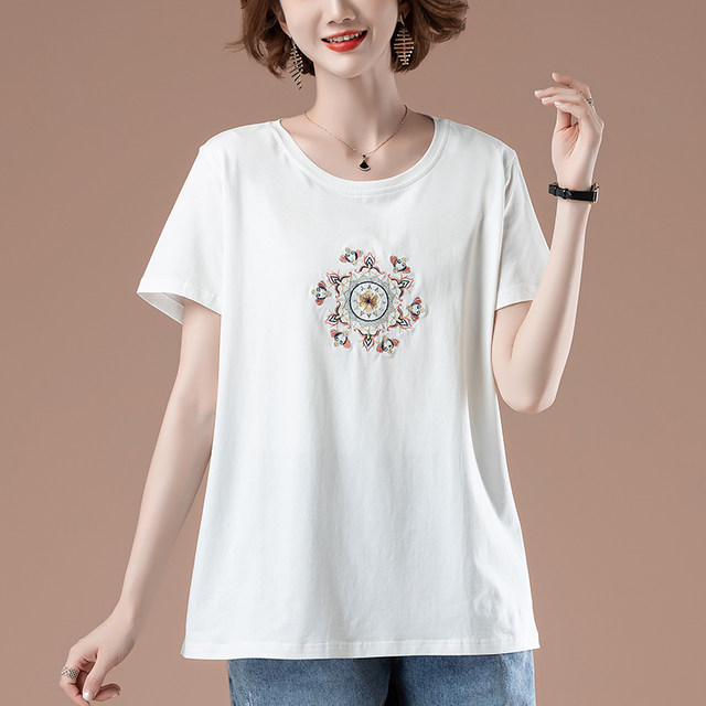 Summer Short-Sleeved Embroider Women T-Shirt 50-Year-Old Middle-Aged ...