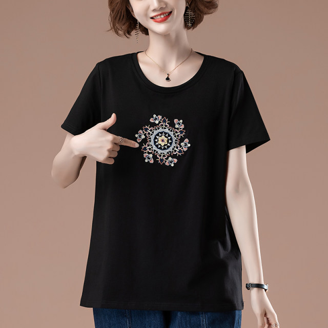 Summer Short-Sleeved Embroider Women T-Shirt 50-Year-Old Middle-Aged ...