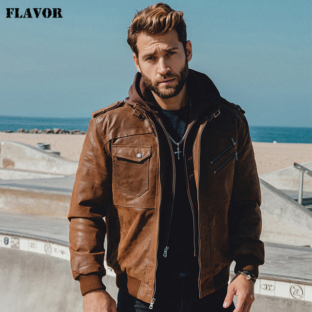 Haining leather locomotive leather coat men's short hooded plus cotton ...