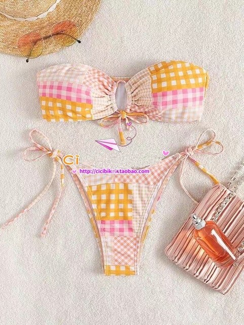 Pink and orange plaid printed tube top bikini strapped three-point ...
