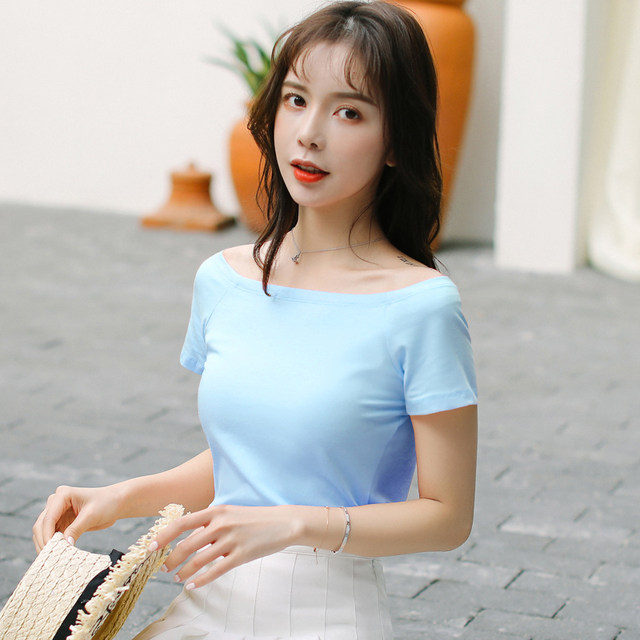 One-line collar off-the-shoulder top short pure cotton tight design ...