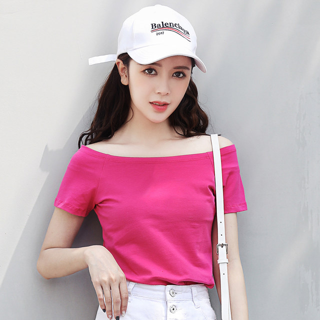 One-line collar off-the-shoulder top short pure cotton tight design ...