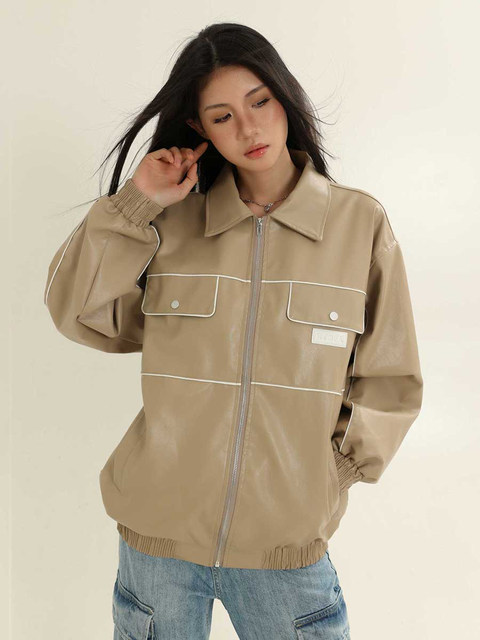 Where is the orange tree, the American retro PU cortex jacket female ...