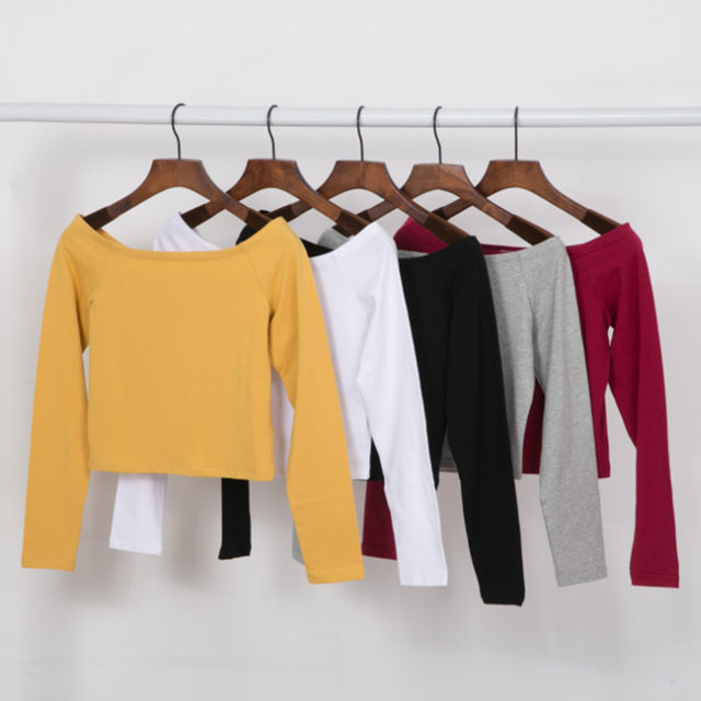 One word collar long -sleeved T -shirt female pure cotton cotton high ...