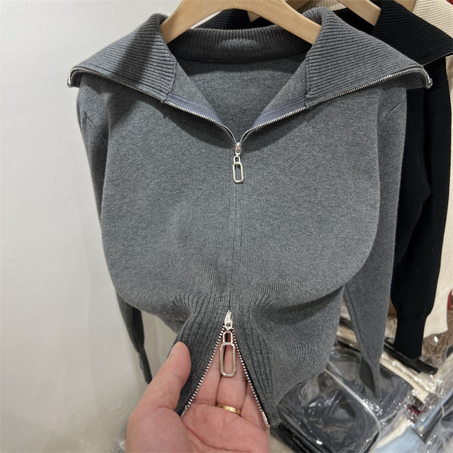 2024 autumn new double zipper large lapel long sleeve sweater cardigan ...
