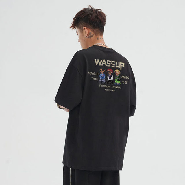 WASSUP trendy brand dirty braid boys American heavy retro T-shirt boys ...