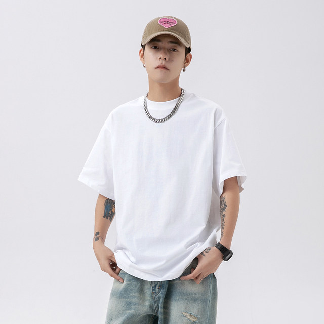 WASSUPHEODS 280g cotton heavyweight basic short-sleeved T-shirt men's American high street half ...