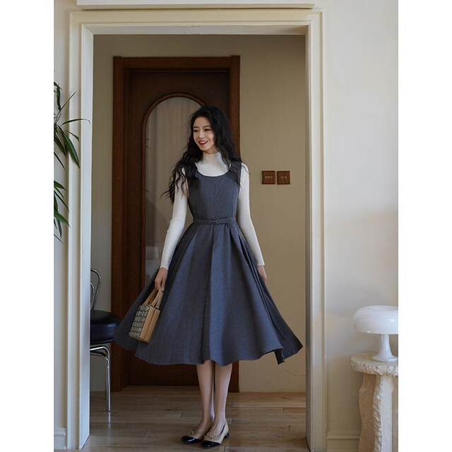 Ching's retro pear -shaped figure is thin belt, waist stitching A -line ...