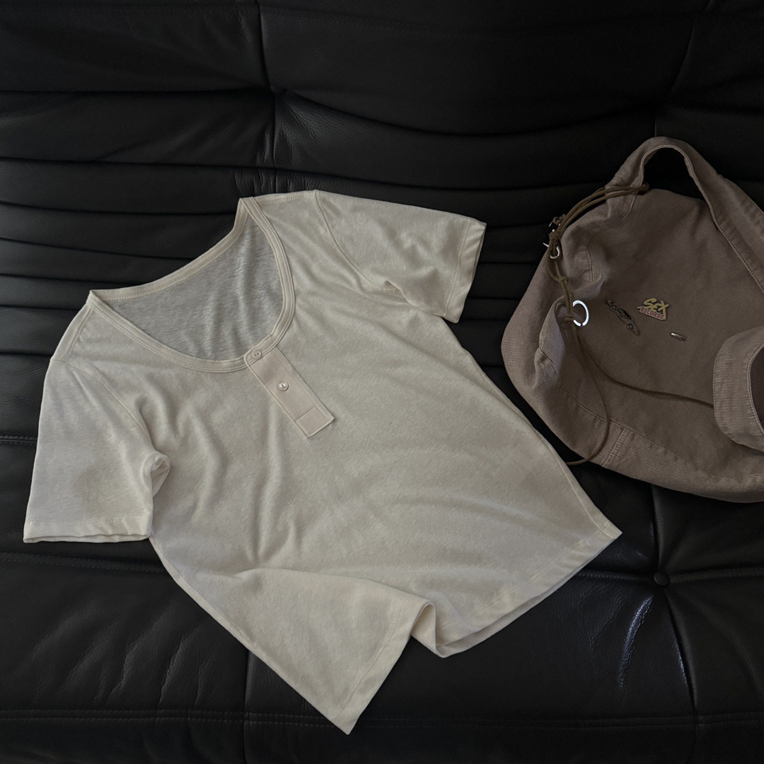 Paperman linen thin henley collar short-sleeved T-shirt for women Xia ...