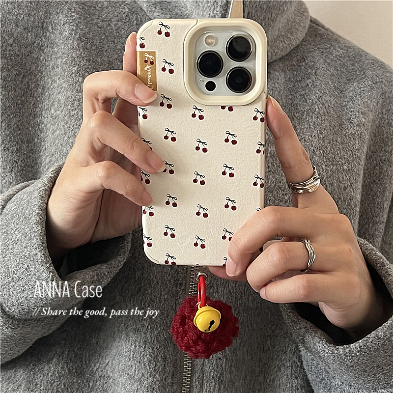 ANNACASE Japanese and Korean niche cherry red hair ball bell pendant suitable for iphone14promax ...