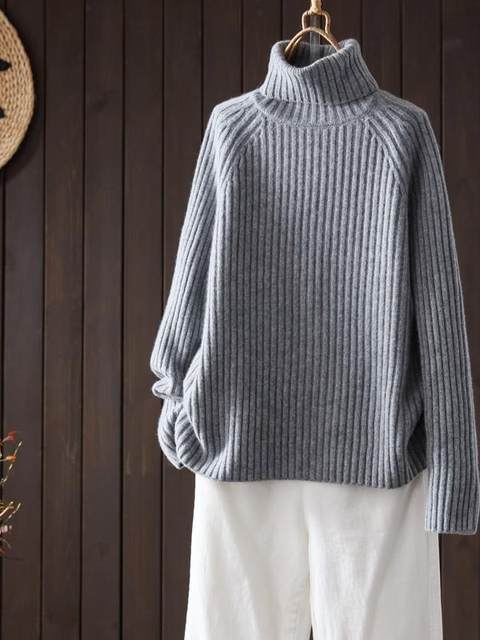 Fashionable simple pit strip turtleneck wool pullover sweater for women ...