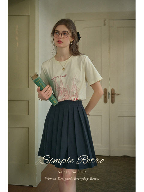 SimpleRetro City Hand-painted Literary Line Hand-painted Printed T-shirt for Women Pure Cotton ...