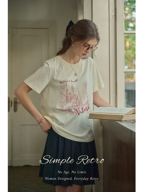 SimpleRetro City Hand-painted Literary Line Hand-painted Printed T-shirt for Women Pure Cotton ...