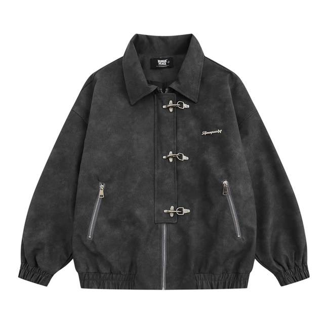 American retro aircraft buckle PU leather jacket for men and women ...