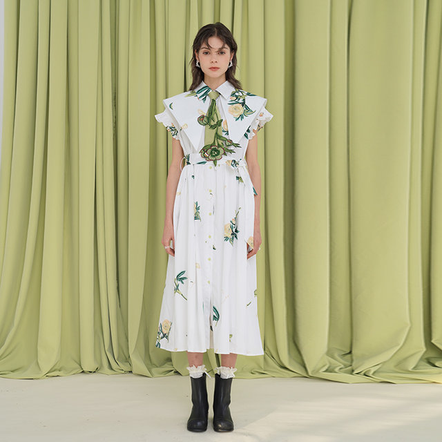 Kamo original early spring French romantic plant print tea break dress ...