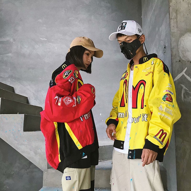 ins vintage coat couple street Harajuku style motorcycle hip hop ...