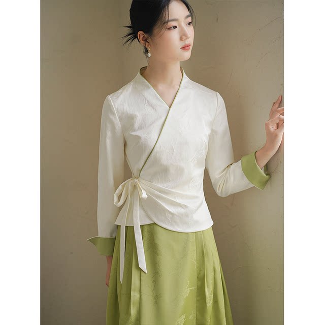 Chuchan 2024 Autumn New Style Chinese Style Tea Suit Contrast Color Long Sleeve Cross-collar ...