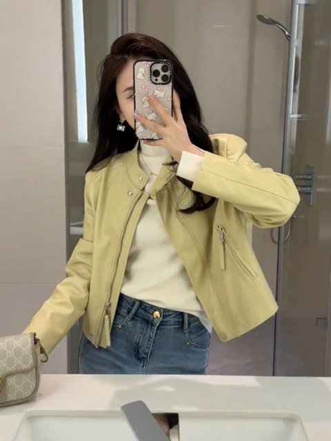 2025 Spring New High-end Style Stand Collar Small Leather Jacket Women ...