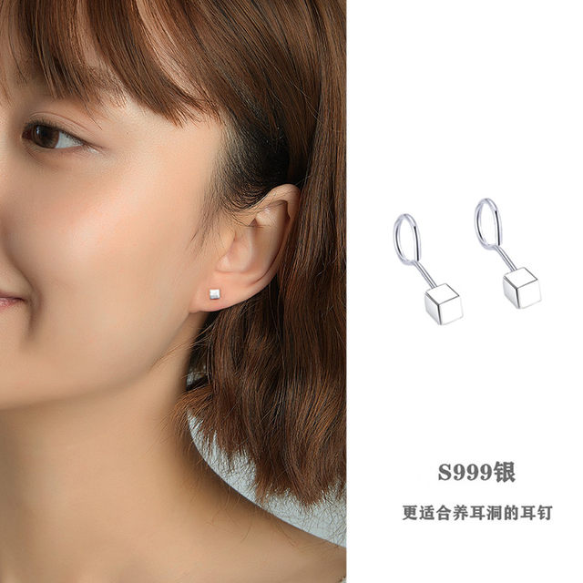 s999 sterling silver square earrings, curved hook ear sticks, ear ...