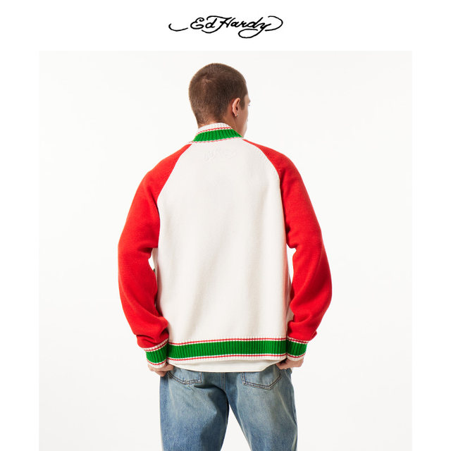 EdHardy Ed Hardy 2024 new embroidered men's casual contrast color sweater