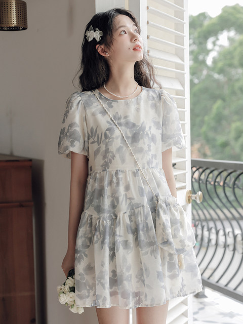 Luo Yuxuan summer new French sweet ink printed bubble short -sleeved dress high waist high ...