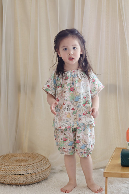 Children's short-sleeved bamboo fiber home clothes set baby thin ...