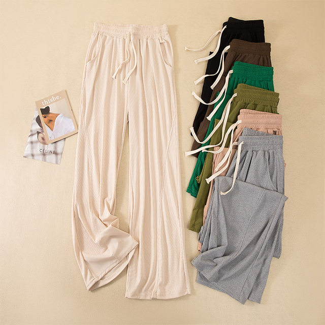 Threaded Modal Casual Pants Women's Summer High Waist Pocket Splicing ...