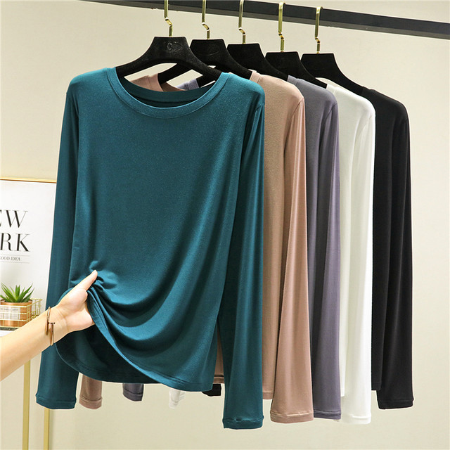 Modal round neck bottoming shirt for women, spring and autumn thin long ...