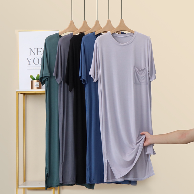 Cool men's modal nightgown summer thin ice silk short-sleeved mid ...