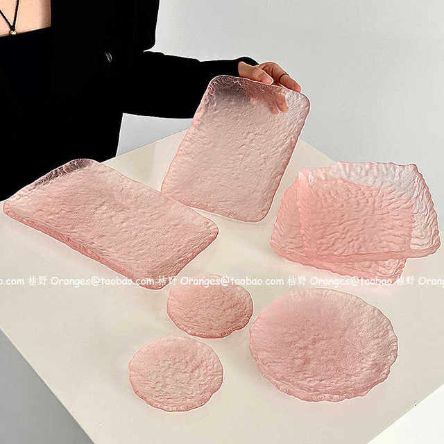 High-end pink irregular ice dew glass plate home dessert plate fruit ...