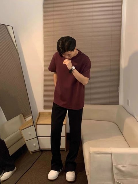 Burgundy heavy short-sleeved men's summer cleanfit Xinjiang pure cotton ...