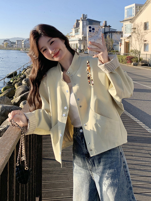 Striped cuffs casual short light yellow jacket for women Spring and ...