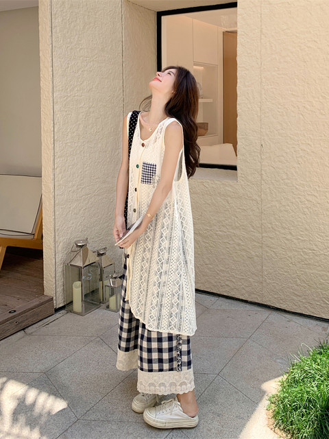 Cold and relaxed lace T-shirt plaid wide-leg pants suit for women's ...