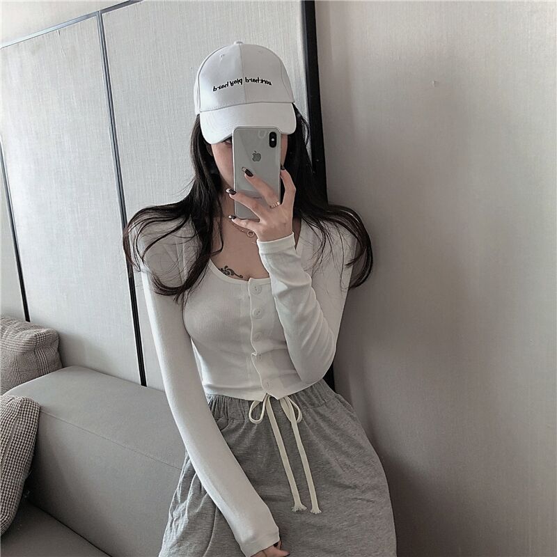 INS temperament new net red black buttons long -sleeved T -shirt female short slimming grasped ...