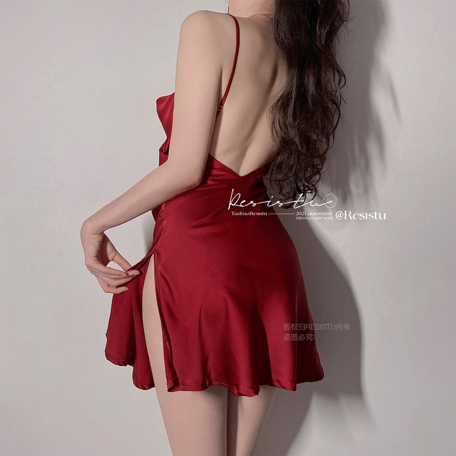 RESISTU Tipsy Red Rose 2022 Spring and Autumn Sexy Nightgown Women's Slit Pure Desire Textured ...