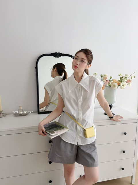 French new style fashionable design lapel short-sleeved shirt for women ...