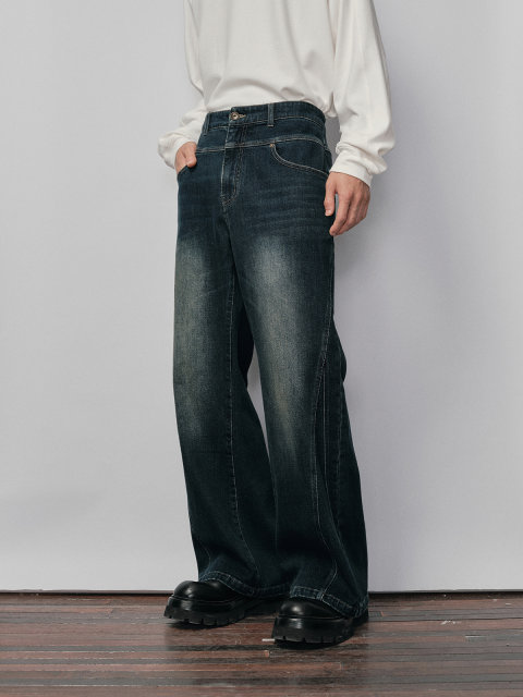 【Nans】13Oz Retro Distressed Washed Bias-Cut Pressed Line Split Micro ...