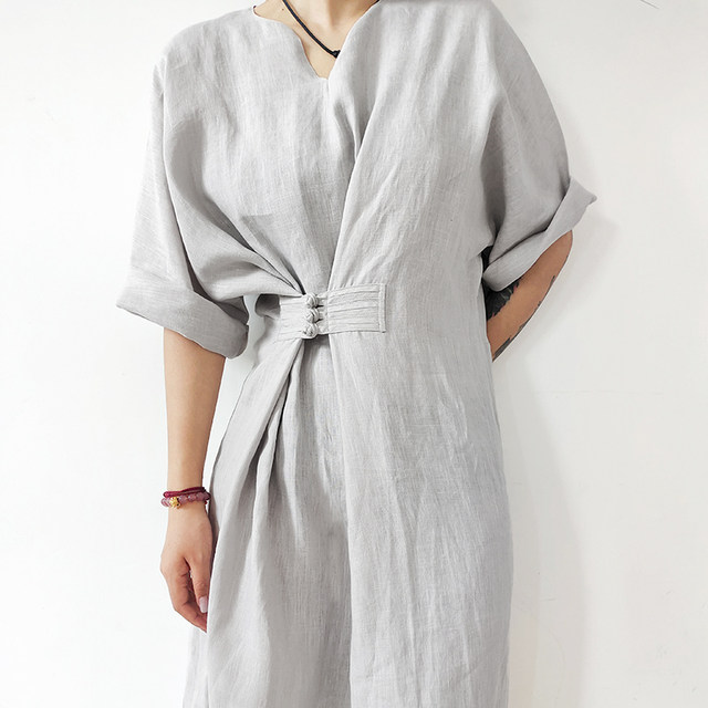 New Chinese Zen style hemp dress with buckle niche design V-neck bat ...
