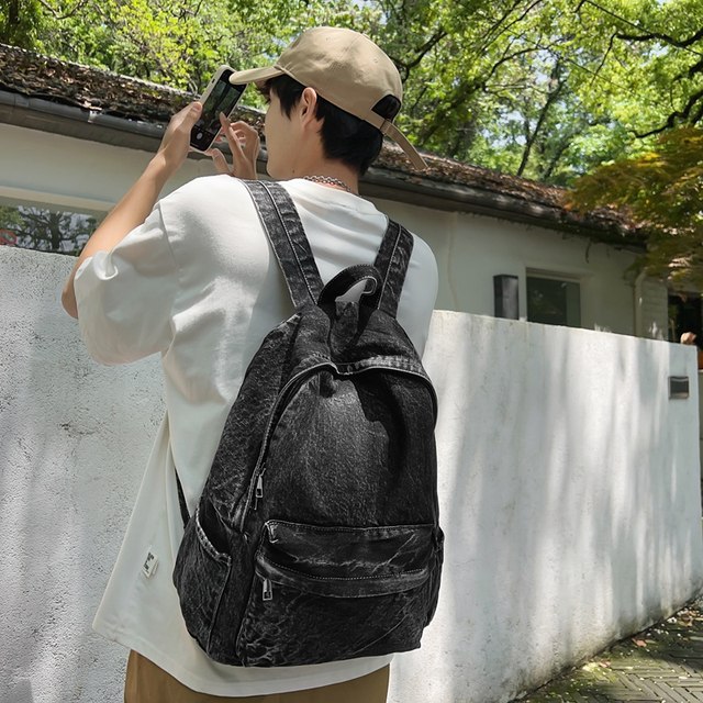 Homemade new casual washed contrast denim hand-held backpack, simple ...