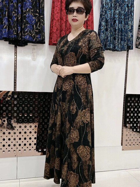 Mrs. Kuo's high-elastic bronzing spring and autumn long-sleeved dress with temperament, plus ...