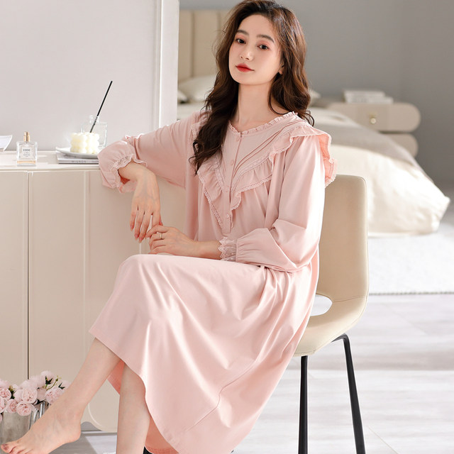 Modal cotton nightgown for women sweet long-sleeved spring and autumn ...