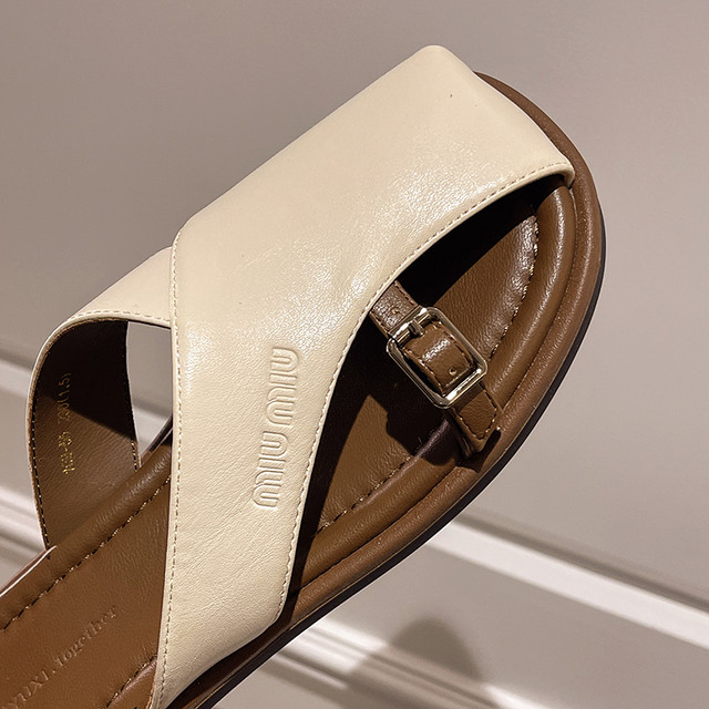 Genuine leather open-toed toe-cap slippers for women 2024 summer new ...