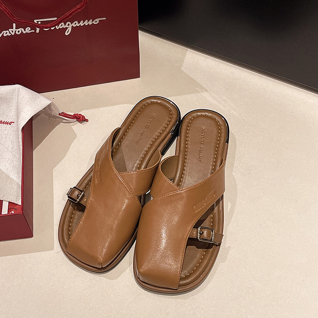 Genuine leather open-toed toe-cap slippers for women 2024 summer new ...