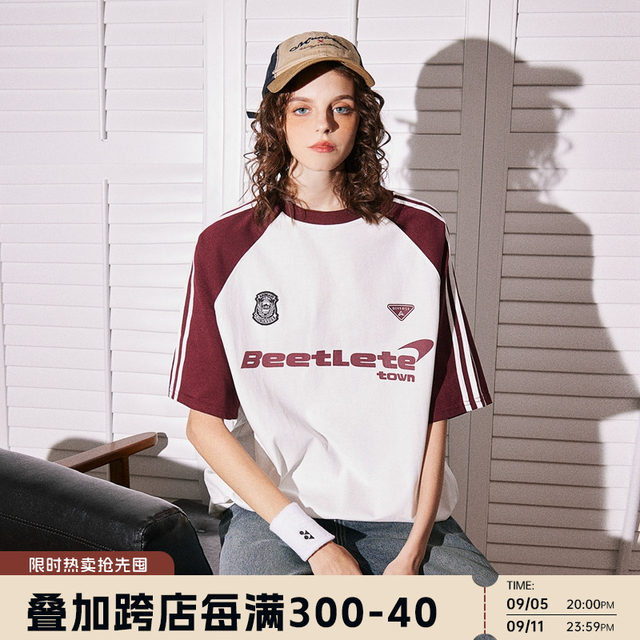 BEETLETOWN three-stripe raglan design short-sleeved women's street ...