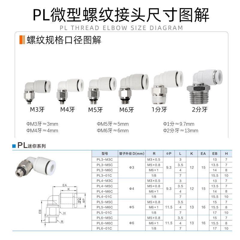 微小型迷你气动快插气管接头PL2 3 4 6-M3 M5 M6C螺纹直角弯头M4C-淘宝网
