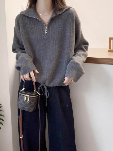 Zipper Lapel Cashmere Sweater, Autumn and Winter Style, Loose ...