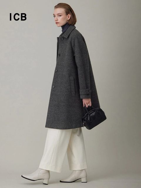 ICB Japanese spring commuting loose version wool blended square collar mid-length woolen coat ...