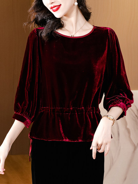 Fashionable waisted gold velvet top for women's spring wear middle-aged ...