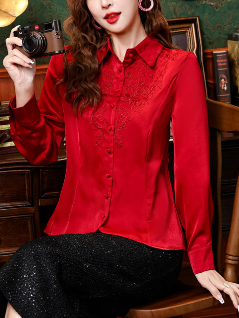 Fashion embroidered red shirt women's outfit spring new style slim ...